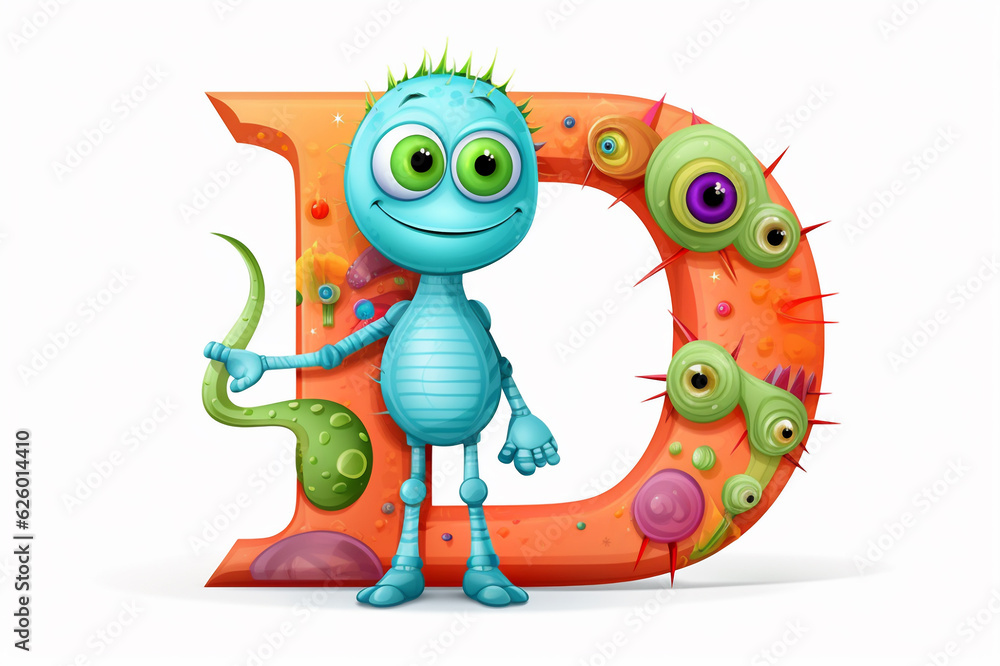 Colorful alien alphabet, uppercase letter D isolated on white ...