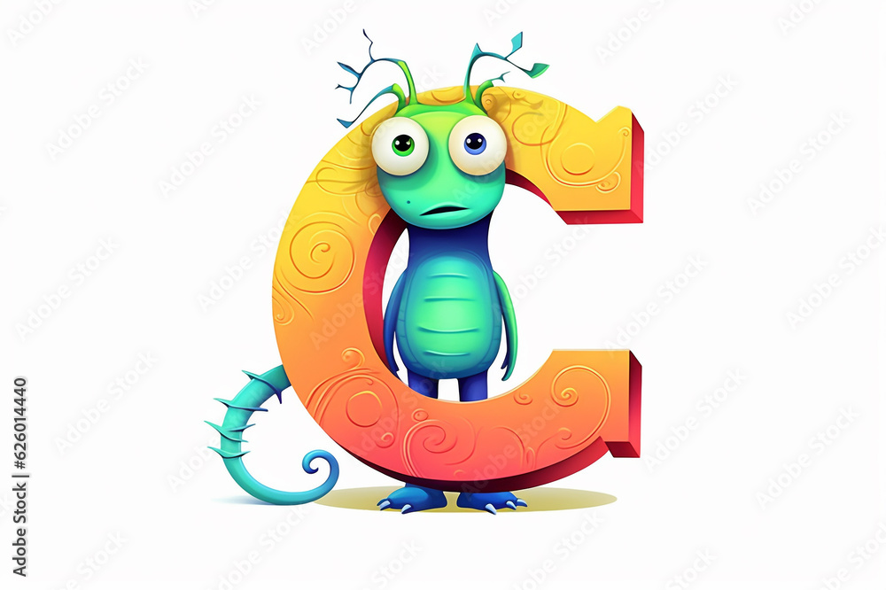 Colorful alien alphabet, uppercase letter C isolated on white ...