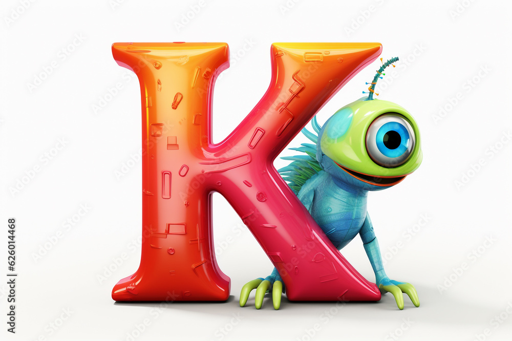 Colorful alien alphabet, uppercase letter K isolated on white ...