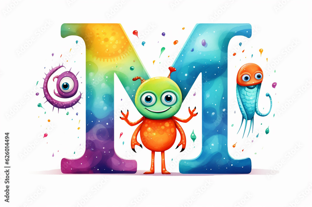 Colorful alien alphabet, uppercase letter M isolated on white ...