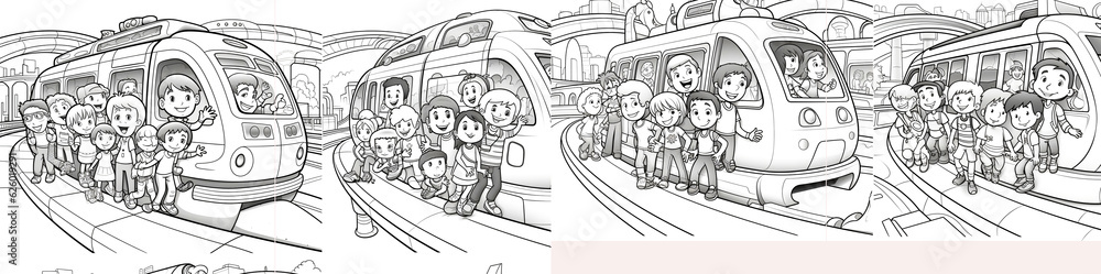 Coloring book page with an image of an underground futuristic subway ...