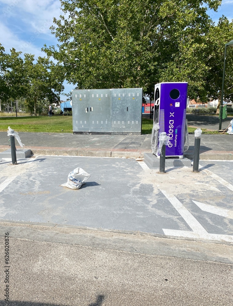 Zaragoza, Spain, July 2023; installation of electric vehicle charging ...