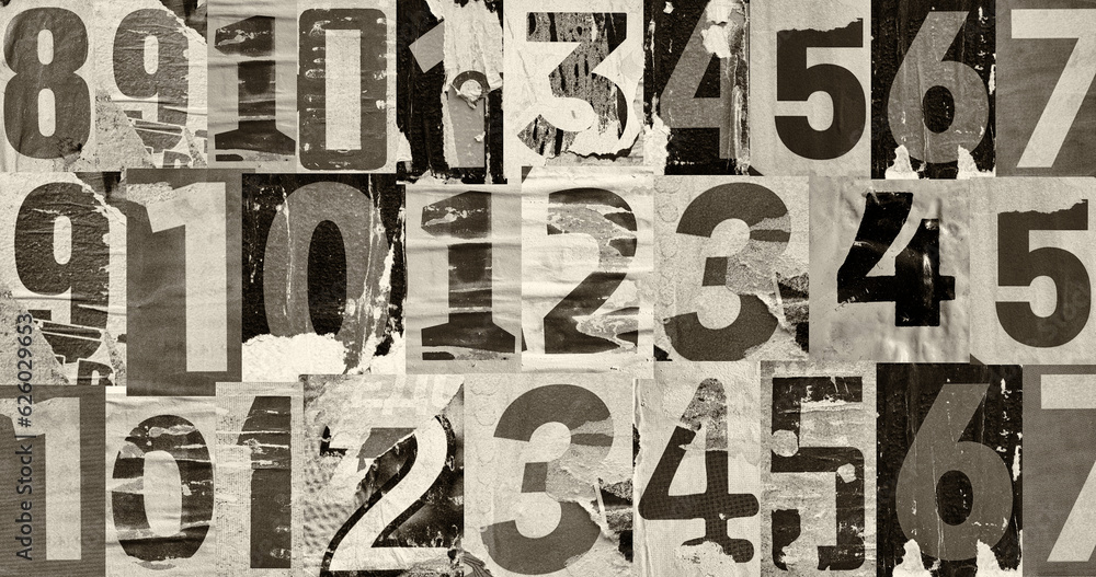 Collage of many numbers ripped torn advertisement street posters grunge ...