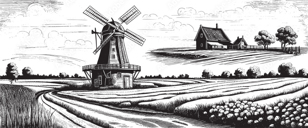 Old windmill and field with haystacks , Hand-drawn sketch of a windmill ...