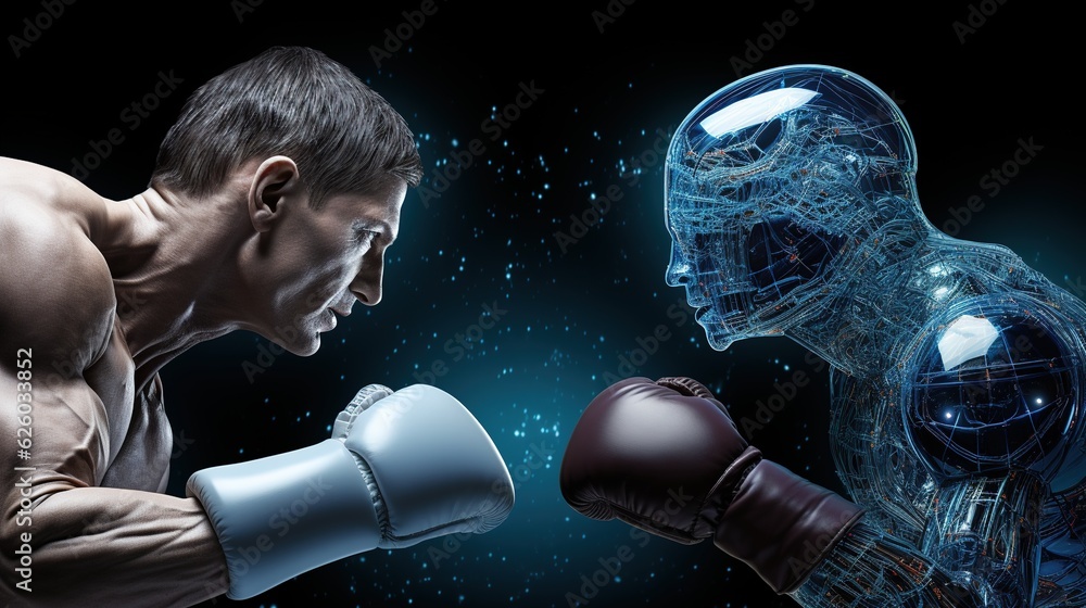 A professional boxer and a robot in boxing gloves stand together before ...