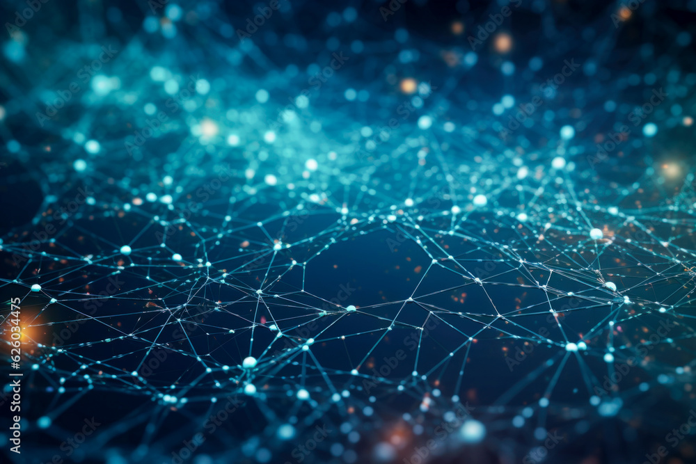 Blue abstract background with a network grid and particles connected ...