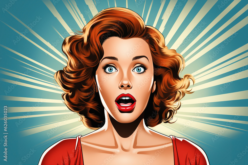 Pop Art Illustration Of Surprised Young Sexy Woman With Open Mouth Advertising Vintage Poster