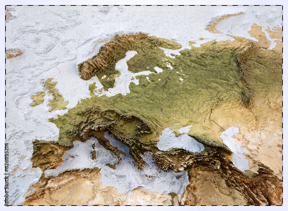 3D World map of the Europe. Exaggerated EU topographic relief. Central ...
