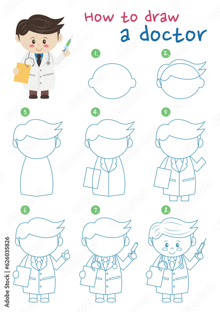 Vetor de How to draw a doctor vector illustration. Draw a doctor step ...