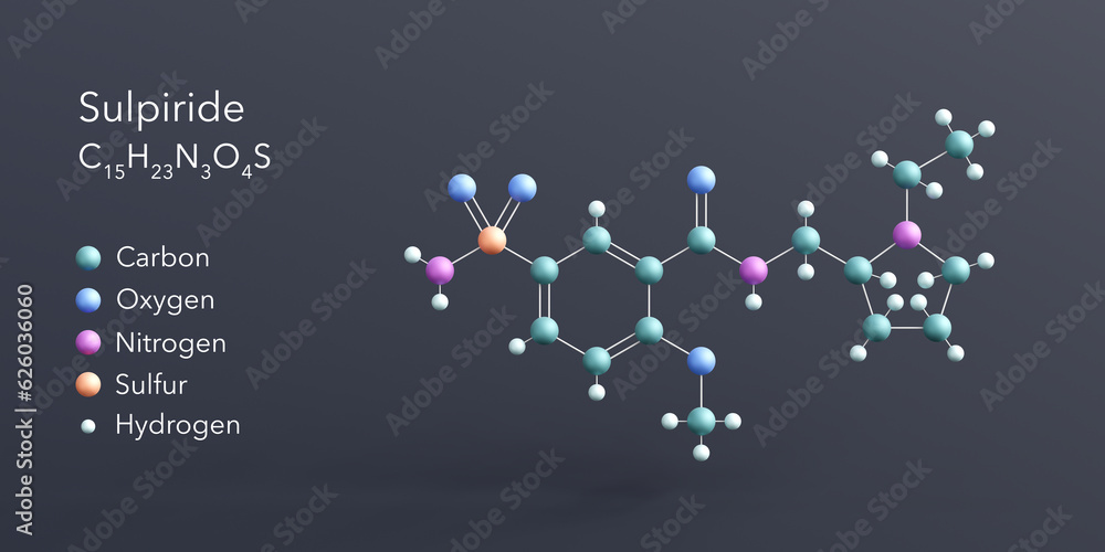sulpiride molecule 3d rendering, flat molecular structure with chemical ...