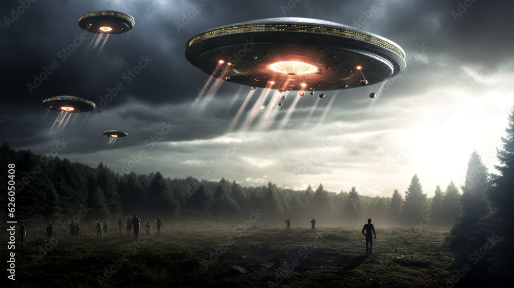 Aliens cautiously emerge from a UFO, their alien forms a mystery to all ...