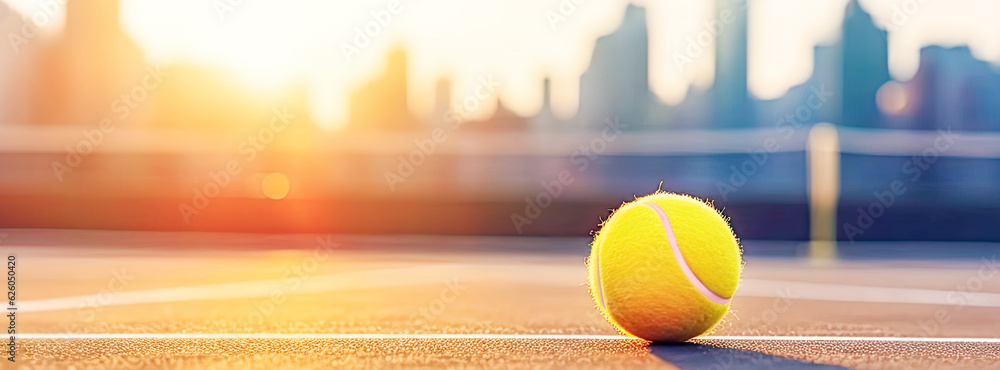 Tennis banner with yellow tennis ball on blurred sunset New York ...
