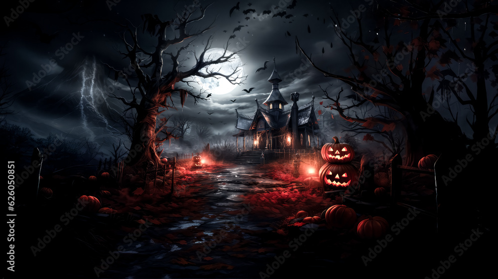 He stares in awe at the spooky, haunted house on Halloween night. Stock ...