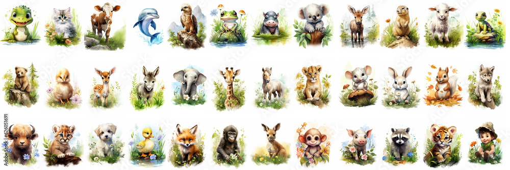 cute and happy fantasy baby animals in nature clipart On a white ...