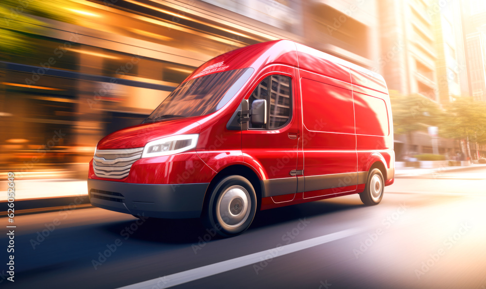 A van maneuvers through the bustling city streets as a commercial ...