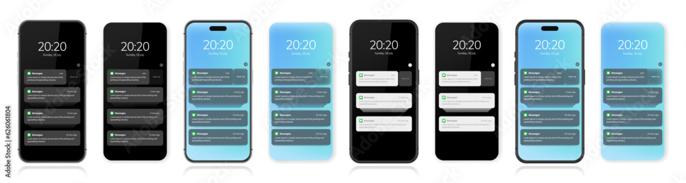 Notification screen UI design. Phone notification windows template on a ...