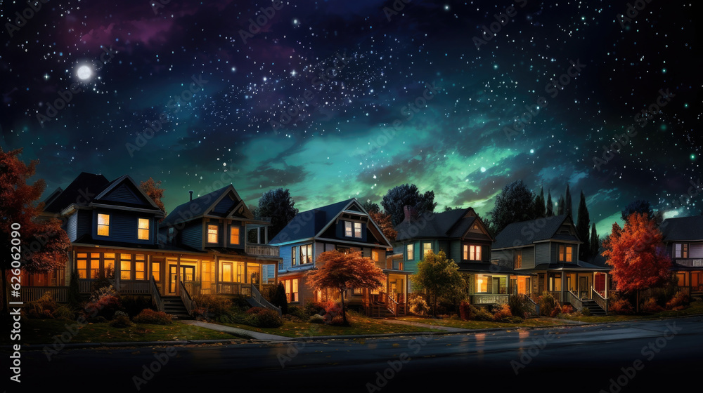 Foto de Row of classic family houses facades at night. Suburban ...