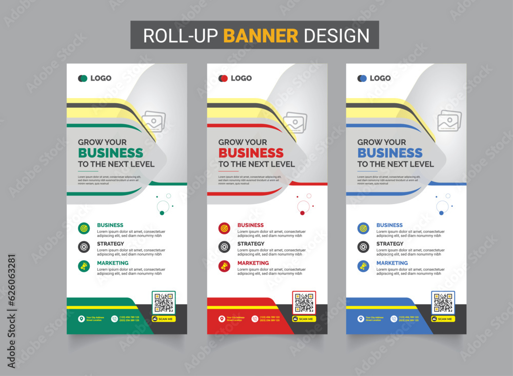 Roll up x banner standee banner template with creative shapes three ...