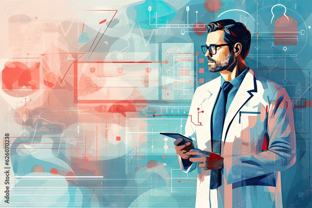 illustration of a doctor analyzing medical health data on a hand held ...