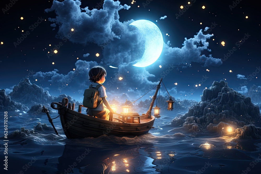 child on a boat with night sky - kids dreaming of adventure ...