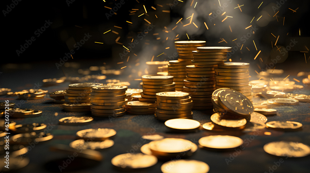 Coins stacked, Falling golden coins, Internet gambling concept. Metal ...