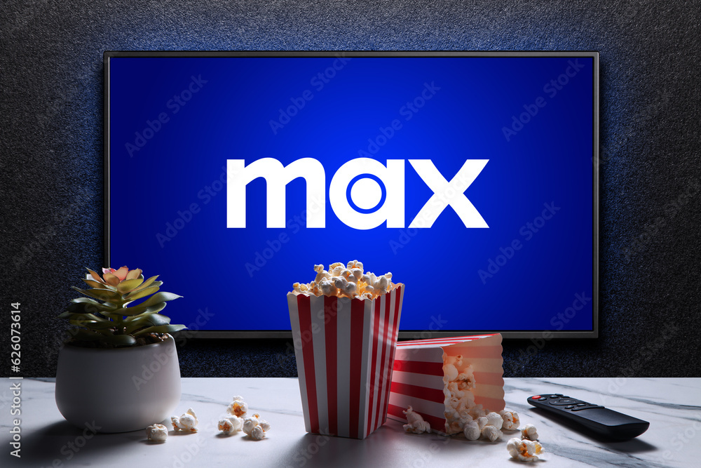 Max or HBO Max logo on TV with popcorn boxes, reomote control and home ...