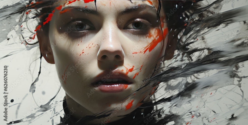 Feminist woman restricted by blood red banner. Concept on the topic of ...