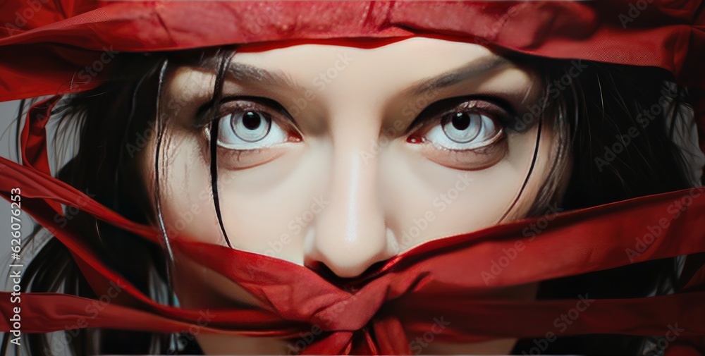 Feminist woman restricted by blood red banner. Concept on the topic of ...