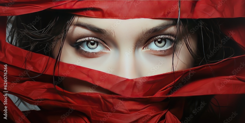 Woman restricted by blood red banner. Concept on the topic of freedom ...