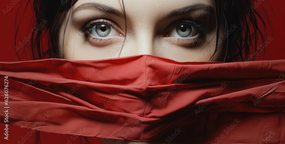 Feminist woman restricted by blood red banner. Concept on the topic of ...