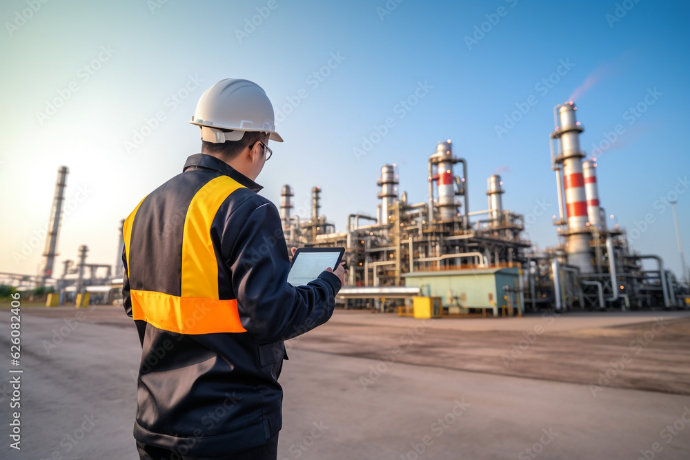 engineers in uniform walk and holding tablet checking in oil refinery ...
