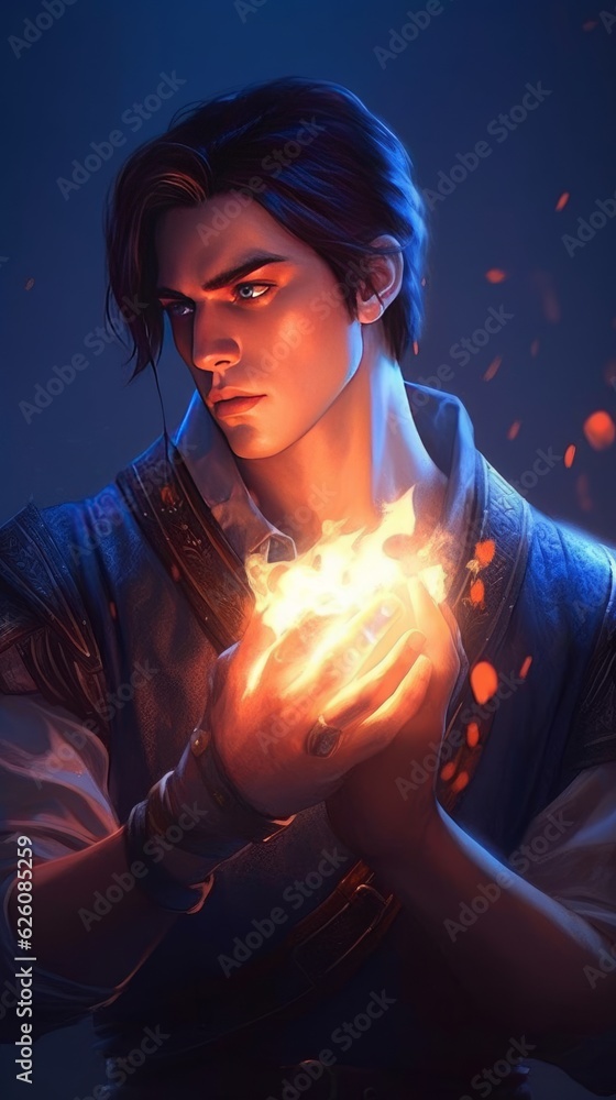 A young mage holding a fire ball in anime style. Generative AI. Stock ...