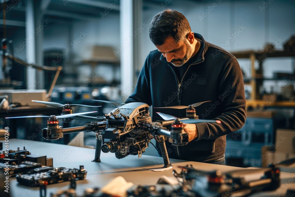 Engineer testing a military grade drone in laboratory. Demonstrating ...