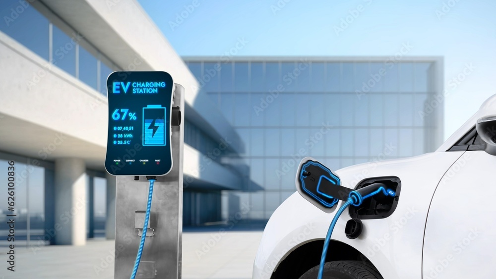 Innovative electric car connected to charging station with future ...