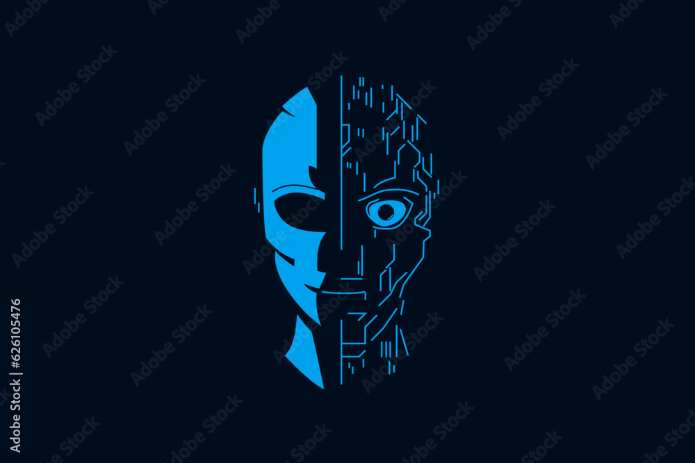 Vector face logo. Half human face, half robot face. Cyberpunk vibe ...
