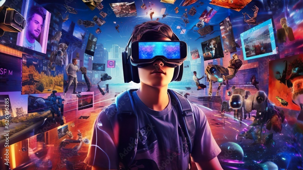 A man wearing VR headset user, surreal world and virtual reality, AI ...