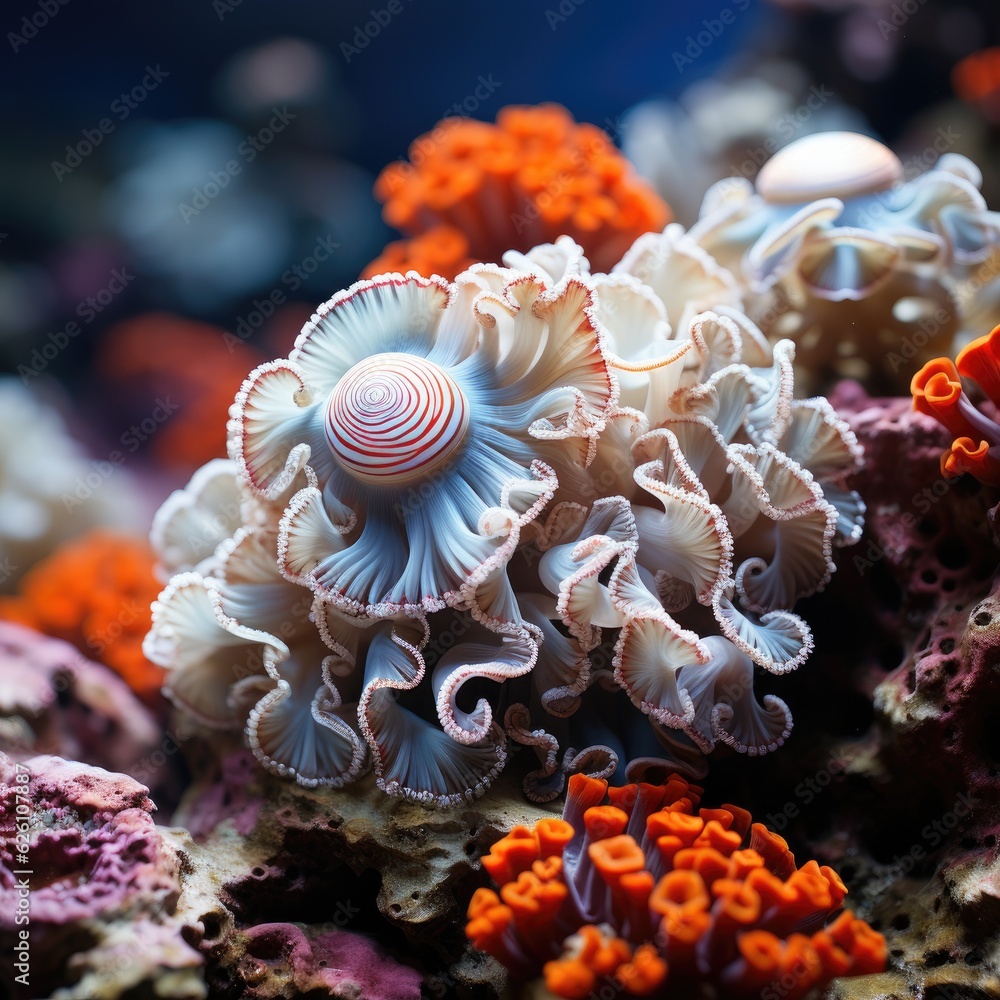 A close-up view of a bustling coral in a reef tank, polyps swaying with ...
