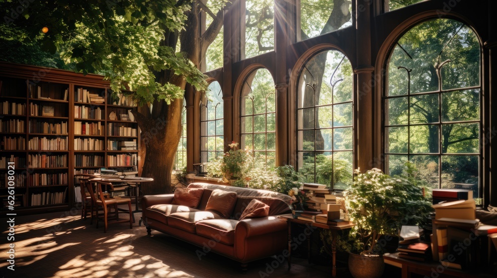 A quiet library with towering bookshelves, filled with the scent of old ...