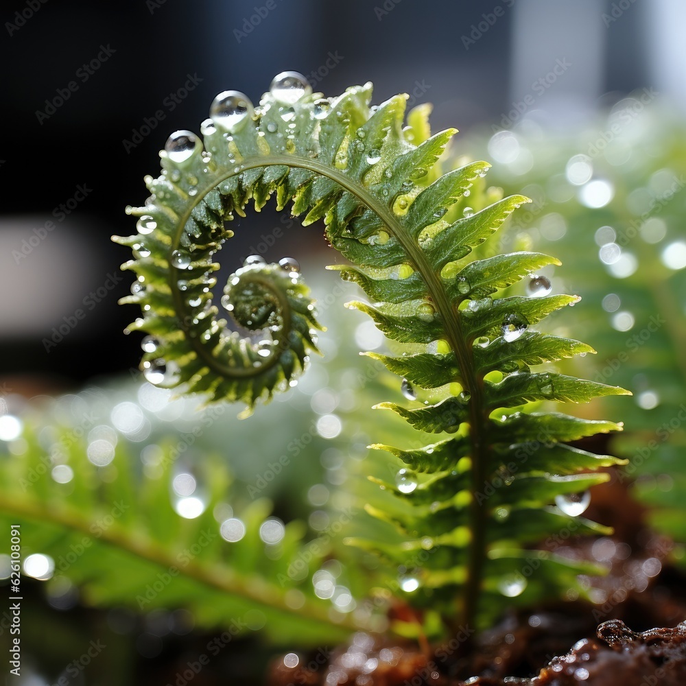 A detailed look at a fern frond unfurling in a terrarium, a tiny snail ...