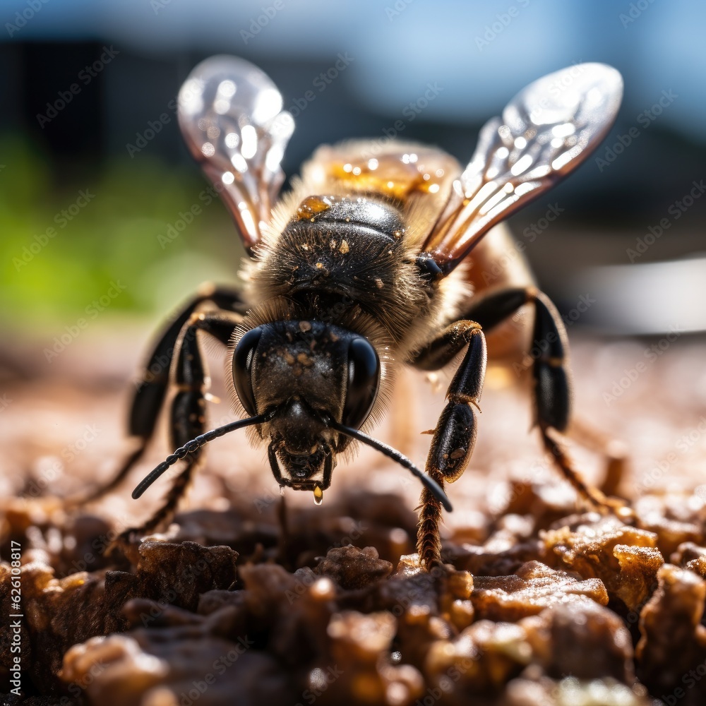 A zoomed-in perspective of a bee landing on a clover flower, its legs ...