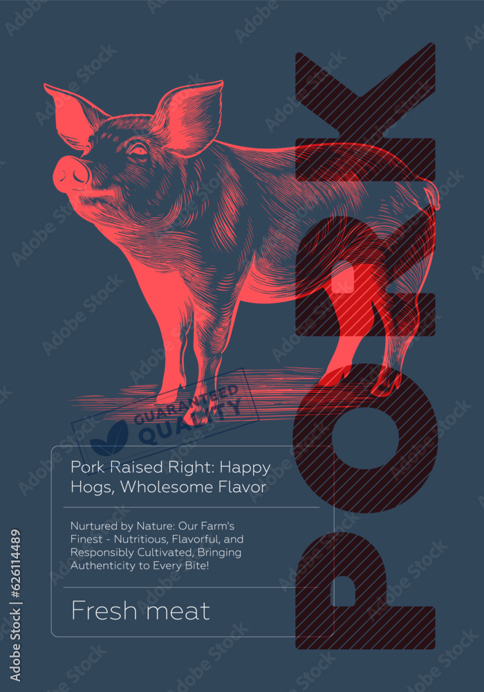 Pork shop poster. Vintage sketch pig stand on colored background ...