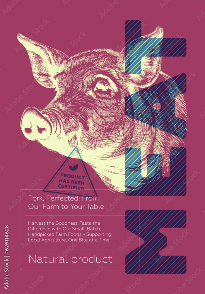 Pork shop poster. Vintage sketch pig head on colored background ...