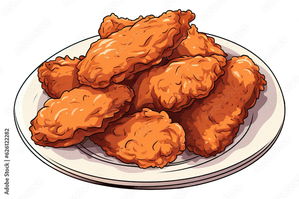 Hand drawn plate of fried chicken, comic style, isolated illustration ...