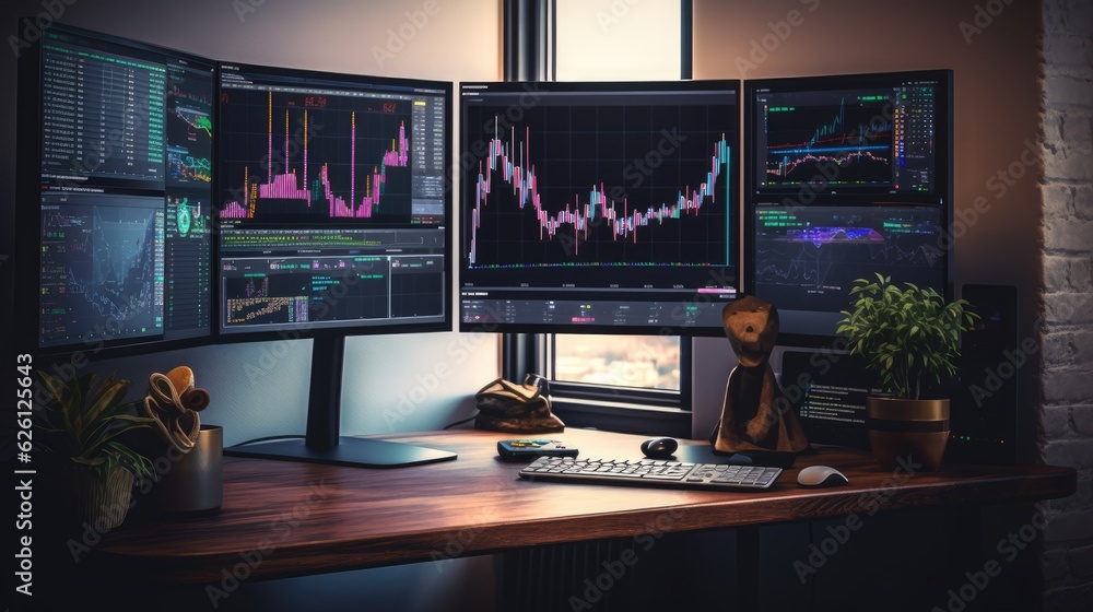 The side view from a computer desk with multiple screens displaying ...