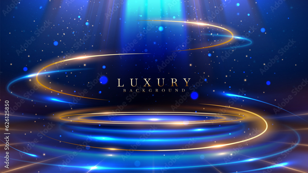 Blue luxury background with golden line decoration and curve light ...
