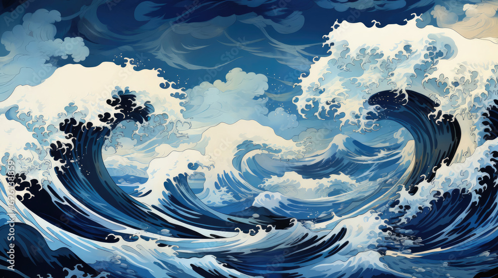 Background image presenting a roaring wave in the style of Japanese ...
