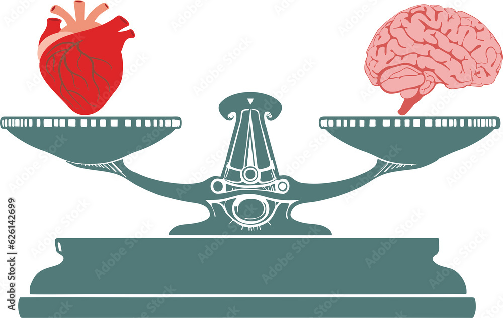 Heart and brain on scale. Balance icon, love, mind, intelligence, logic ...
