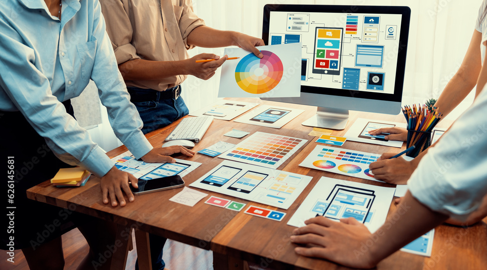 Panorama shot of front-end developer team brainstorming UI and UX ...