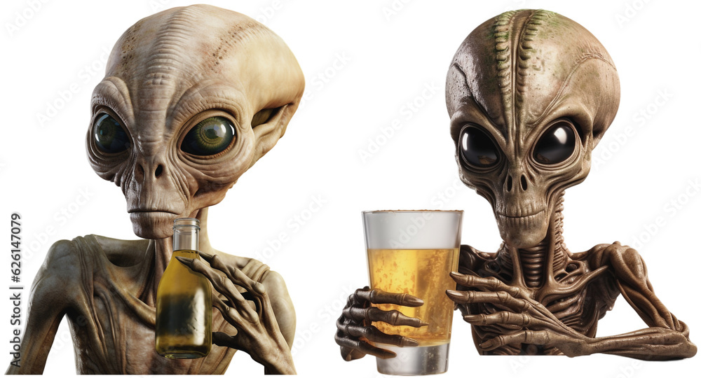 cartoon, illustration of aliens with big eyes drinking beer and alcohol ...