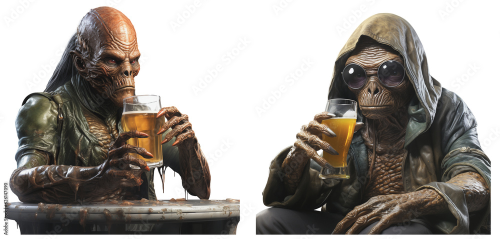 cartoon, illustration of aliens drinking beer and alcohol, on a ...